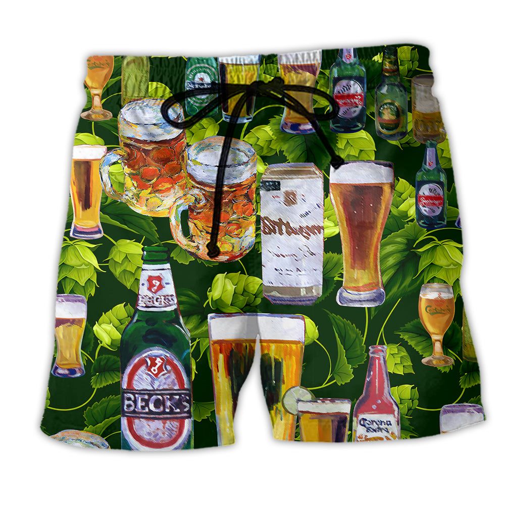 Beer Love It Green Leaves Trendy Aloha Hawaiian Beach Shorts - Trendy Aloha