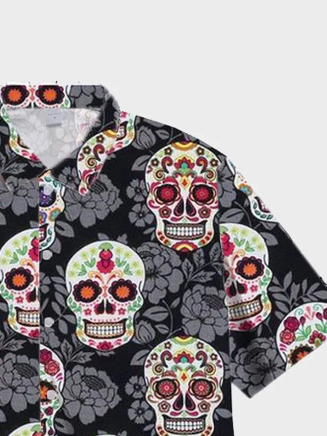 Black Beach Skull Shirt Collar Shirt - Trendy Aloha