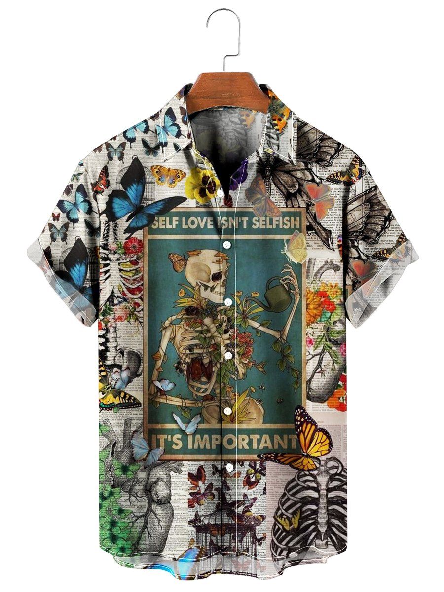 Butterfly Skeleton Newspaper Print Hawaiian Shirt - Trendy Aloha
