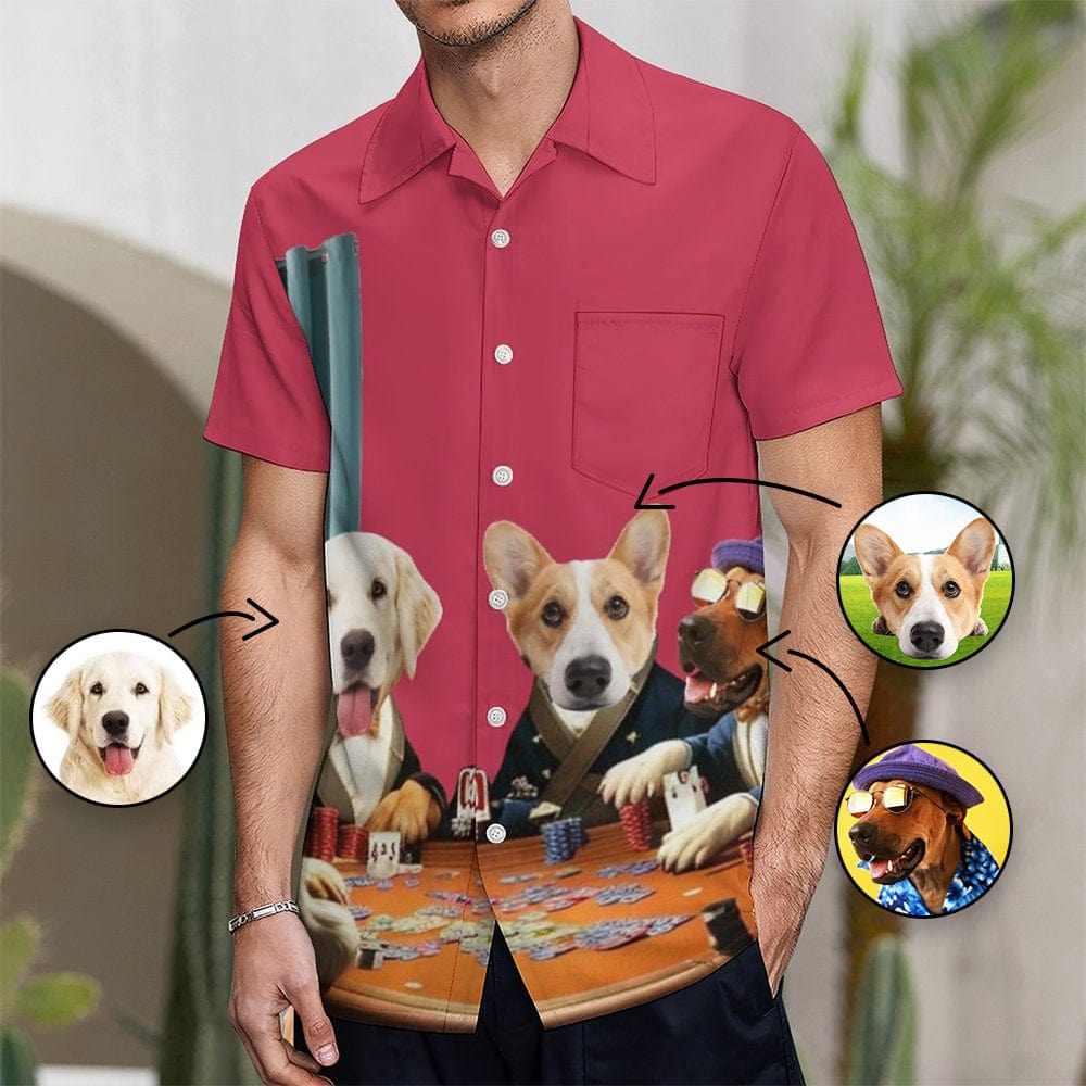 Custom Dog Face Rose Red Shirt Men Front Pocket Beach Shortsleeve ...