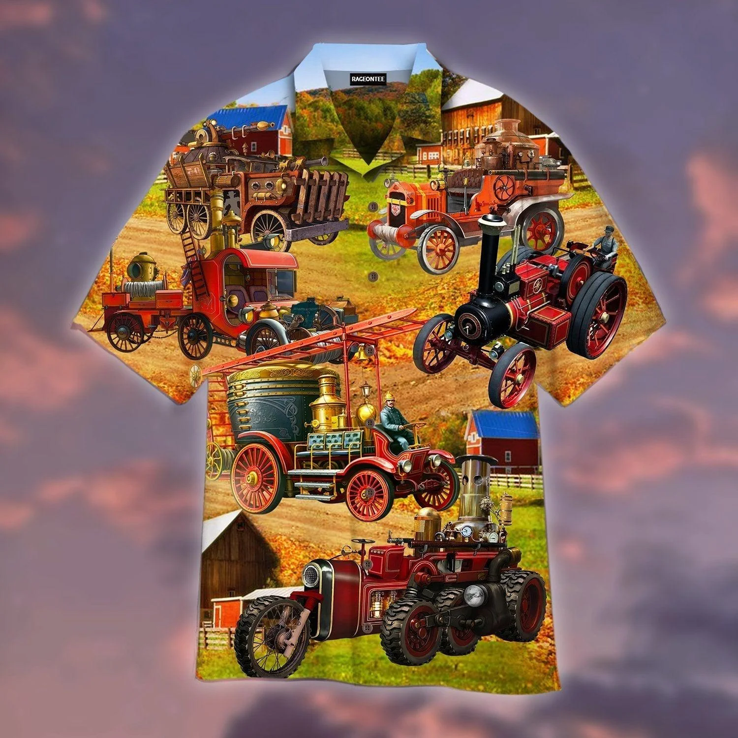 Fire Truck Steampunk Art on Relaxing Hawaiian Shirt - Trendy Aloha