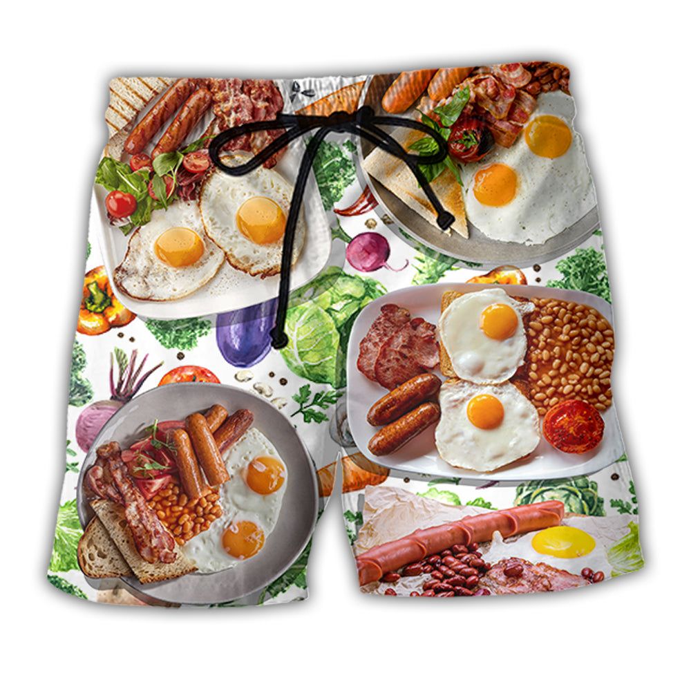Food Breakfast Sausage Art Style Trendy Aloha Hawaiian Beach Shorts ...