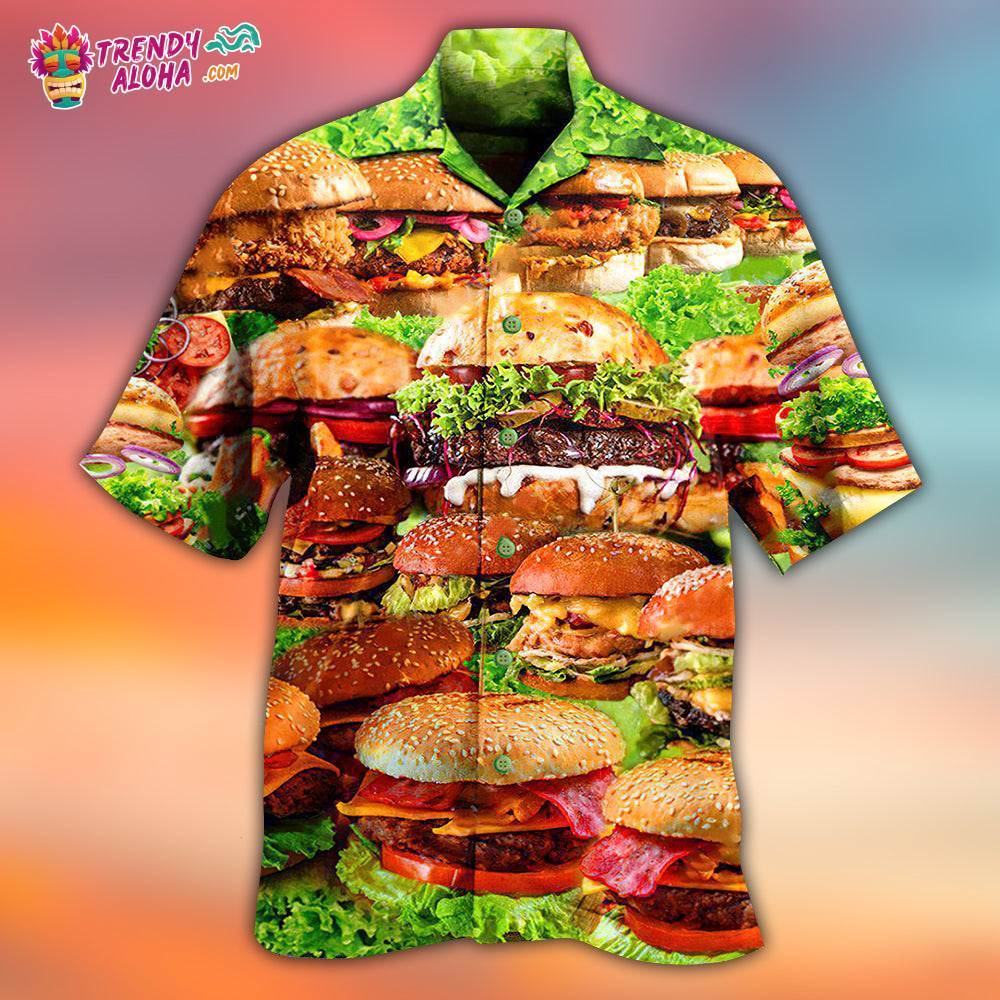 Food Good Mood Delicious Hamburger Hawaiian Shirt - Trendy Aloha ...