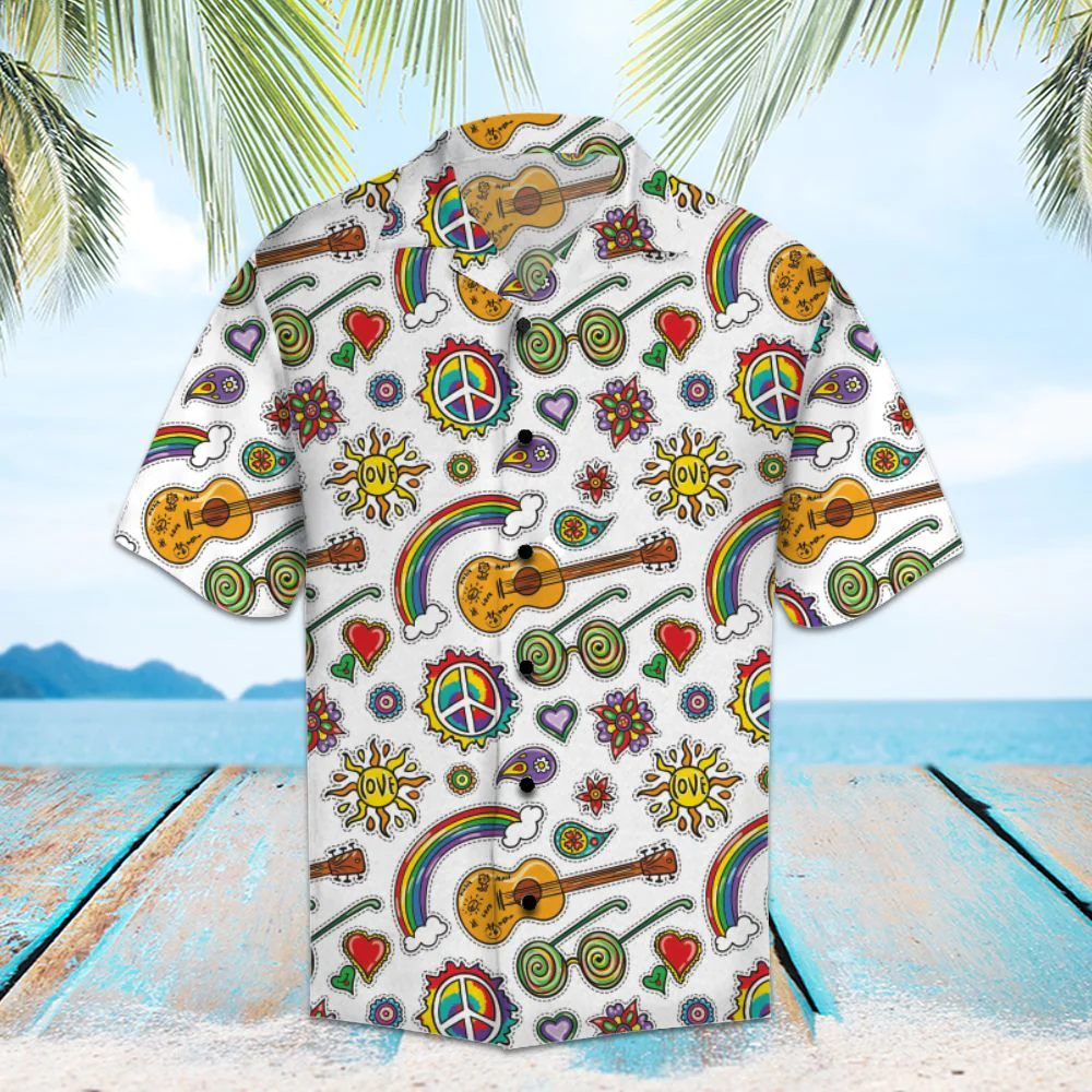 Hippie Hawaiian Shirt Peace Sign Sun Glasses Guitar Pattern White ...