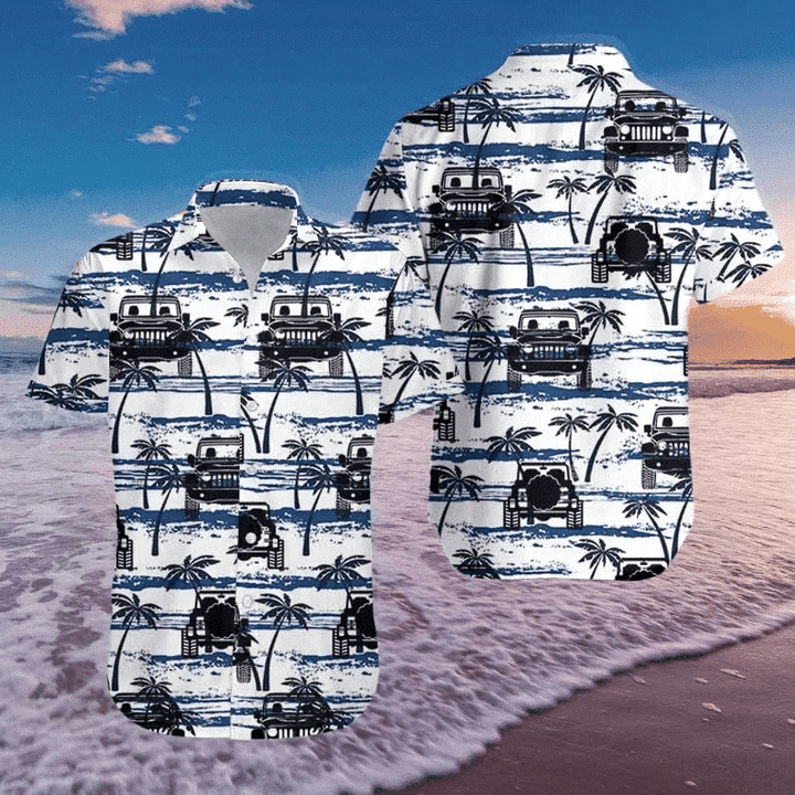 Jeep With Palm Tree Pattern Blue And White Theme Hawaiian Shirt ...