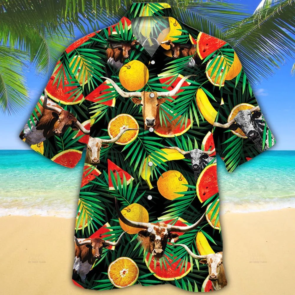 Longhorn Cattle Tropical Fruits All Over Printed 3D Hawaiian Shirt ...