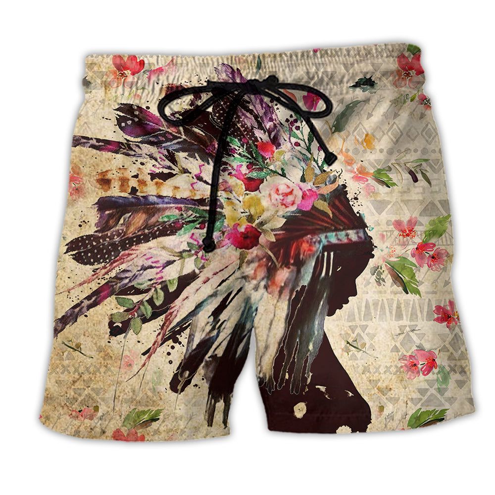 Native Girl Flowers Color Trendy Aloha Hawaiian Beach Shorts - Trendy Aloha