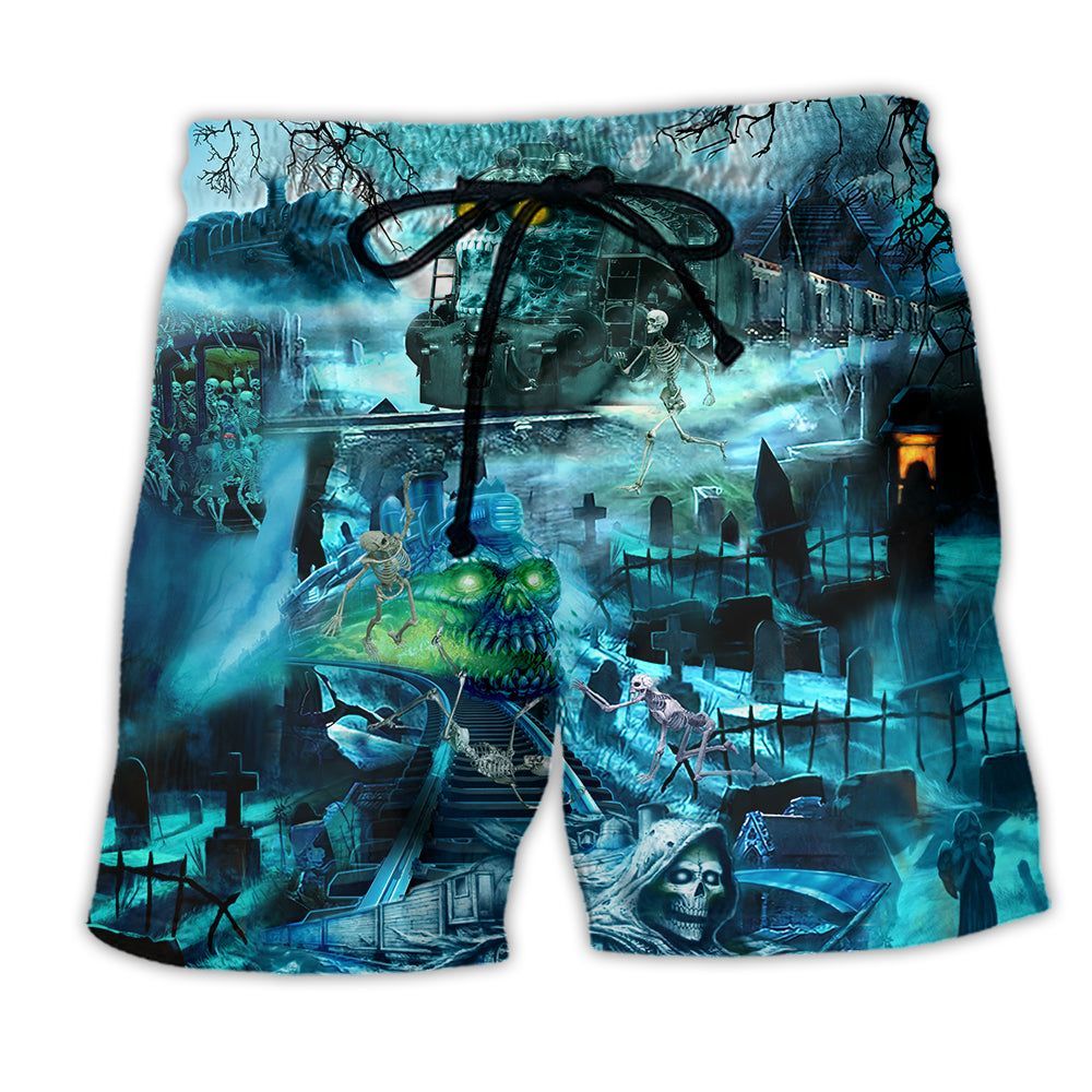 Train Ghost Blue Style Trendy Aloha Hawaiian Beach Shorts - Trendy Aloha