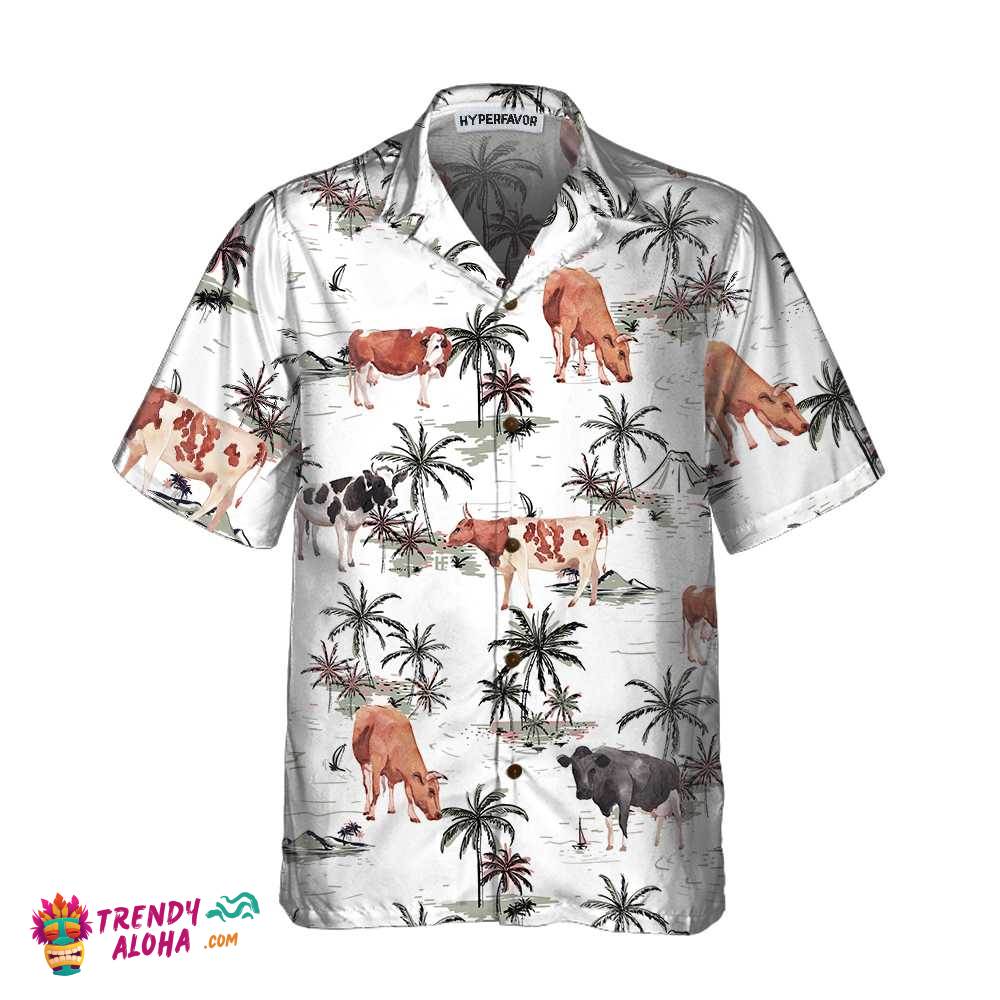 Tropical Island And Cows Pattern Cow Hawaiian Shirt, Tropical Cow Shirt ...