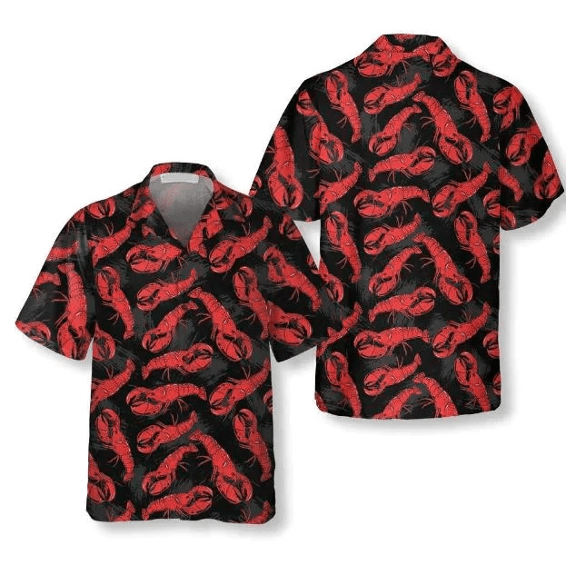 Tropical Lobster Hand Drawn Pattern Black Theme Trendy Hawaiian Shirt ...