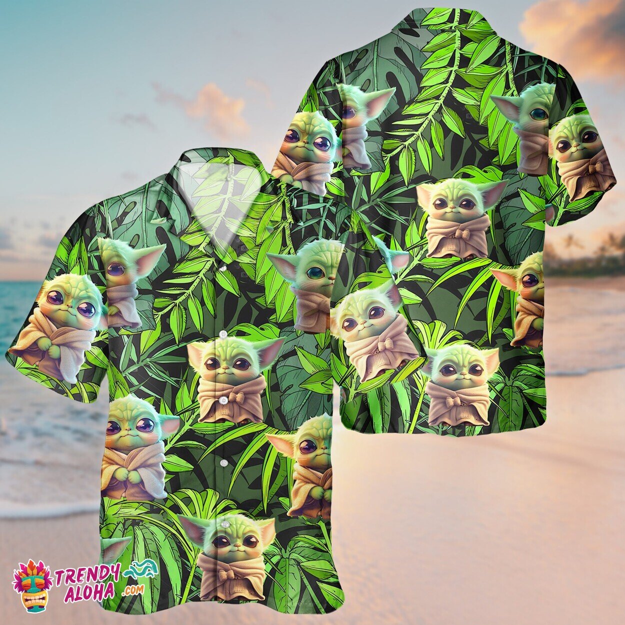 Yoda Themed Green Unisex Aloha Hawaiian Shirt Tropical Bachelor Party ...